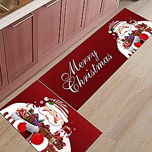 2 Piece Santa Claus Kitchen Rug Set Merry Christmas Indoor Floor Mats for Winter, Xmas Door Mat Runner Rug Carpet Mat for Kitchen Home Decor (15.7" x 23.6"+15.7" x 47.2") - Santa Claus Hold Gifts