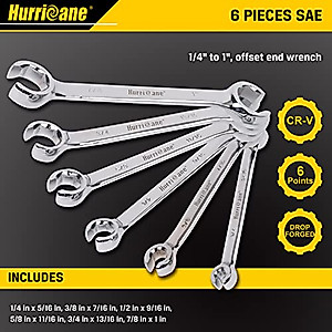 HURRICANE 6 Pc SAE Flare Nut Wrench Set, Brake Line Wrench Set, Size from 1/4" to 1", 6 Point, 15° Offset End, Ideal for Repair and Remove Nuts on Fuel, Tube, Hose, Transmission Lines in Tight Spaces