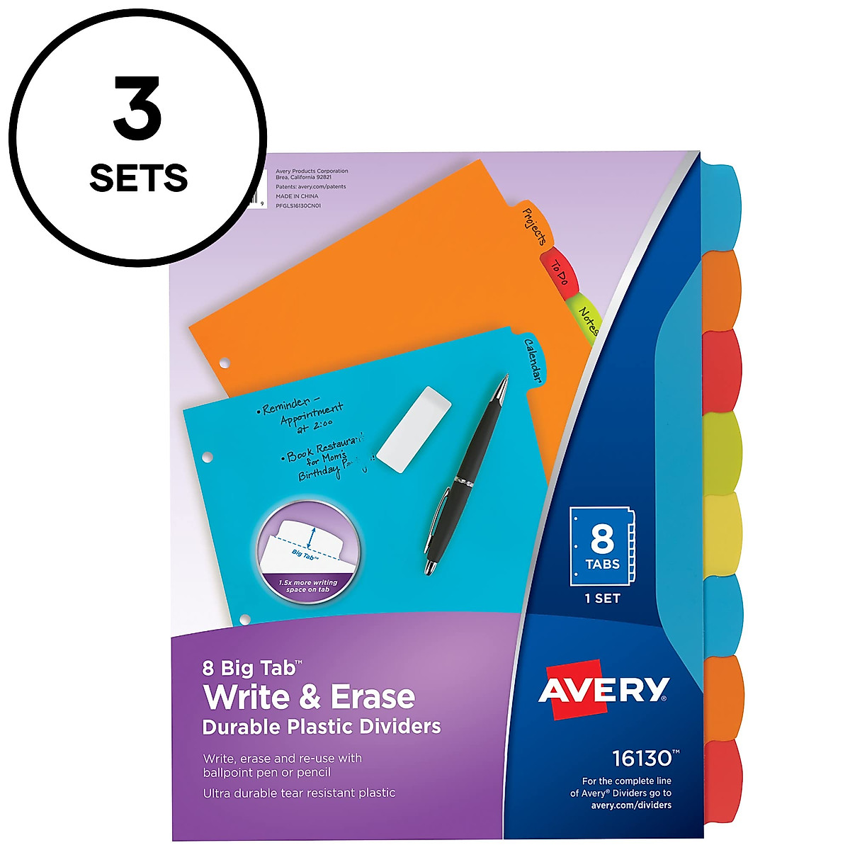 Avery Big Tab Write & Erase Durable Plastic Dividers, 8-Tab Set, Multicolor Brights, 3 Sets (21210)