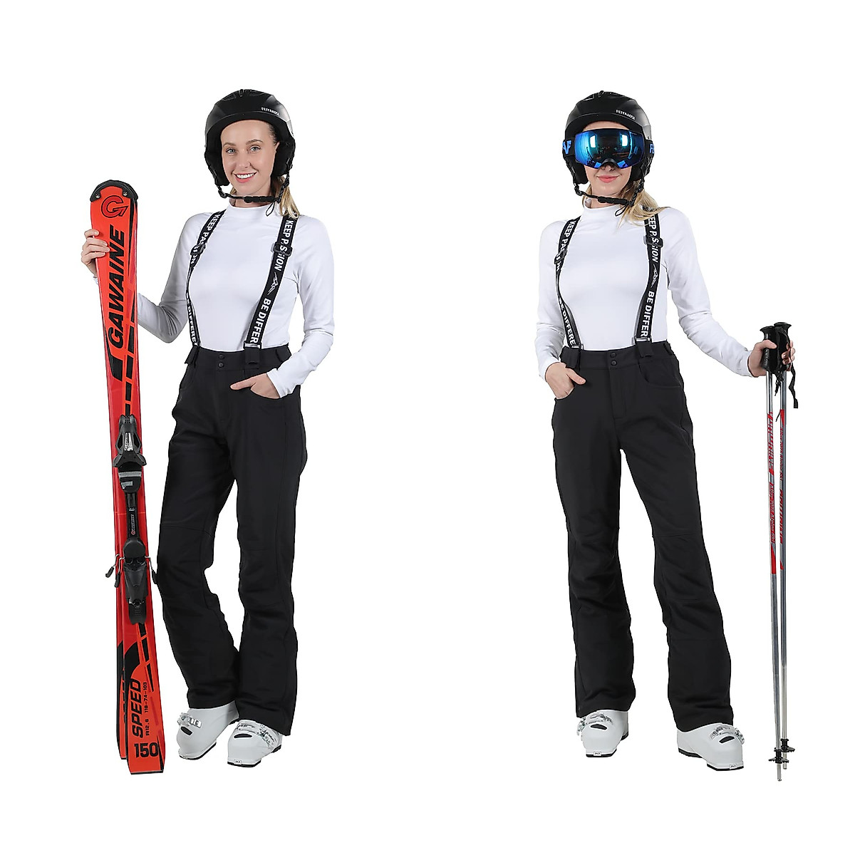fit space Warm Ski Pants for Women Zip-Off Suspenders Winter Snow Bibs Waterproof Breathable Stretch (Large, Black)