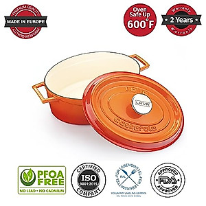 LAVA 7.5 Quarts Cast Iron Dutch Oven: Multipurpose Stylish Oval Shape Dutch Oven Pot with Glossy Sand-Colored Three Layers of Enamel Coated Interior with Trendy Lid (Orange)
