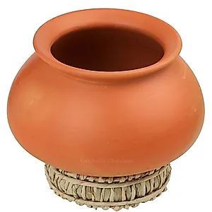 Swadeshi Blessings HandMade Exclusive Range Unglazed Mud/Earthen Handi/Mitti Ke Bartan/Clay Pot for Cooking & Serving with Lid, 3 Liters (with Mirror Shine) + Free Palm Leaf Stand