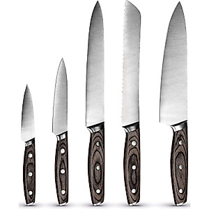 Art and Cook Stainless Steel 5 Piece Knife Set with 1 Magnetic Block: 8" Chef's Knife, 8" Slicer Knife, 8" Bread Knife, 5" Utility Knife, 3.5" Paring Knife, 1 Ash Wood Block