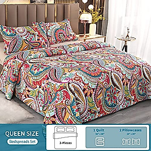 Qucover Quilt Sets Queen, 3-Piece Multicolor Paisley Cotton Queen Bedspread Quilt with 2 Pillow Shams, Patchwork Coverlet Set (Queen 90x98)