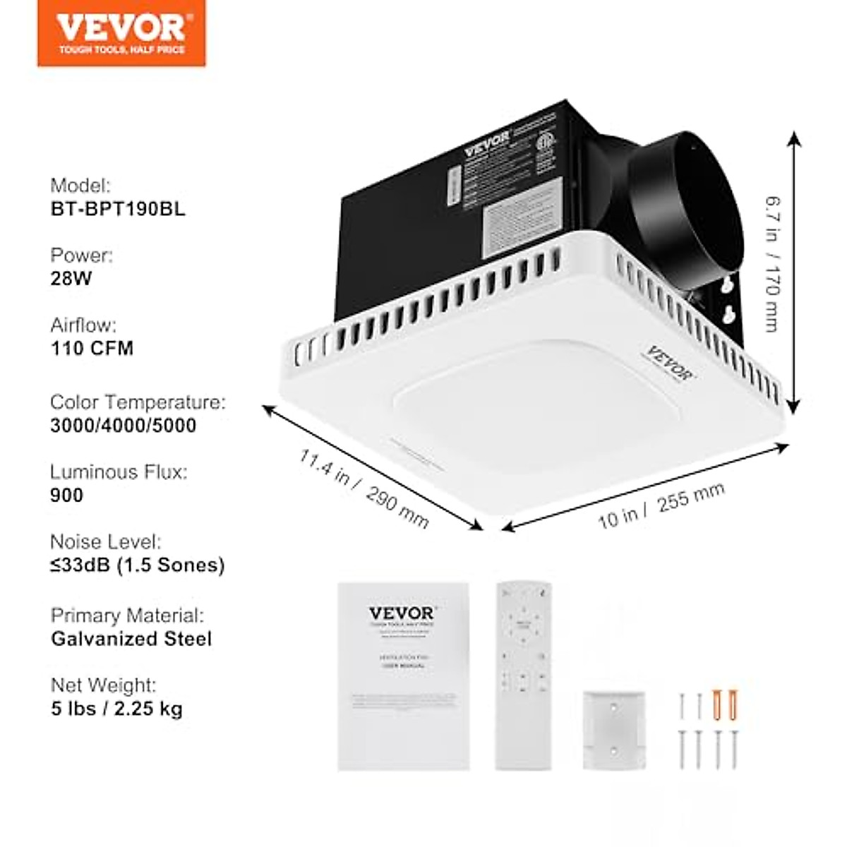 VEVOR Bathroom Exhaust Fan, 110 CFM High-Efficiency Ventilation, 1.5sones Low Noise Operation All-Copper Motor, Remote Control, Energy-Saving Bathroom Ceiling Fan For Various Ceilings