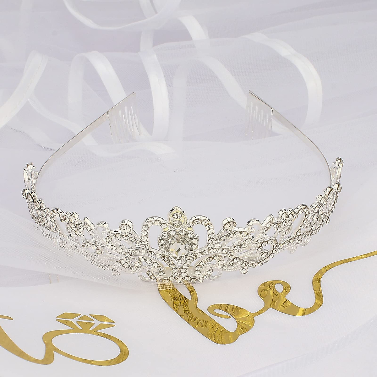 CIEHER Crystal Crown + Bride To Be Sash + Veil Set, Bachelorette Party Bridal Shower Decorations Bride To Be Gifts Wedding Veil Tiara Bachelorette Veil Bridal Shower for Bride Sash Bachelorette Sash