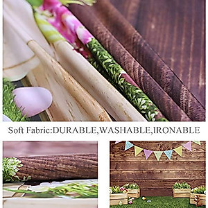 Allenjoy 7x5ft Fabric Spring Easter Backdrops for Girls Photography Wrinkle Free Happy Bunny Rabbit Green Grass Brown Wooden Wall Baby Shower Kid Newborn Portrait Background Photo Studio Shooting