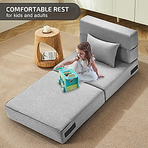 SUYOLS Folding Sofa Bed with Pillow- Convertible Chair Floor Couch & Sleeping Mattress - Foldable Memory Foam Sleeper for Living Room/Dorm/Guest Room/Home Office/Apartment/Upstairs Loft, Light Grey