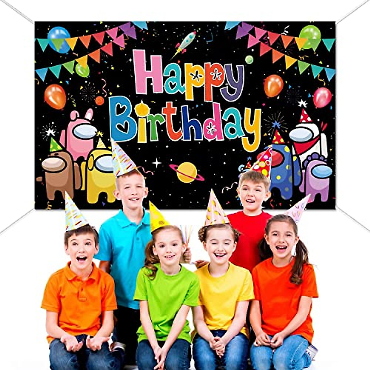 Among Us Happy Birthday Background Decoration-Among Us Game Banner for Men Boy Kids’ Game Theme Birthday Party Decoration (5x3ft)