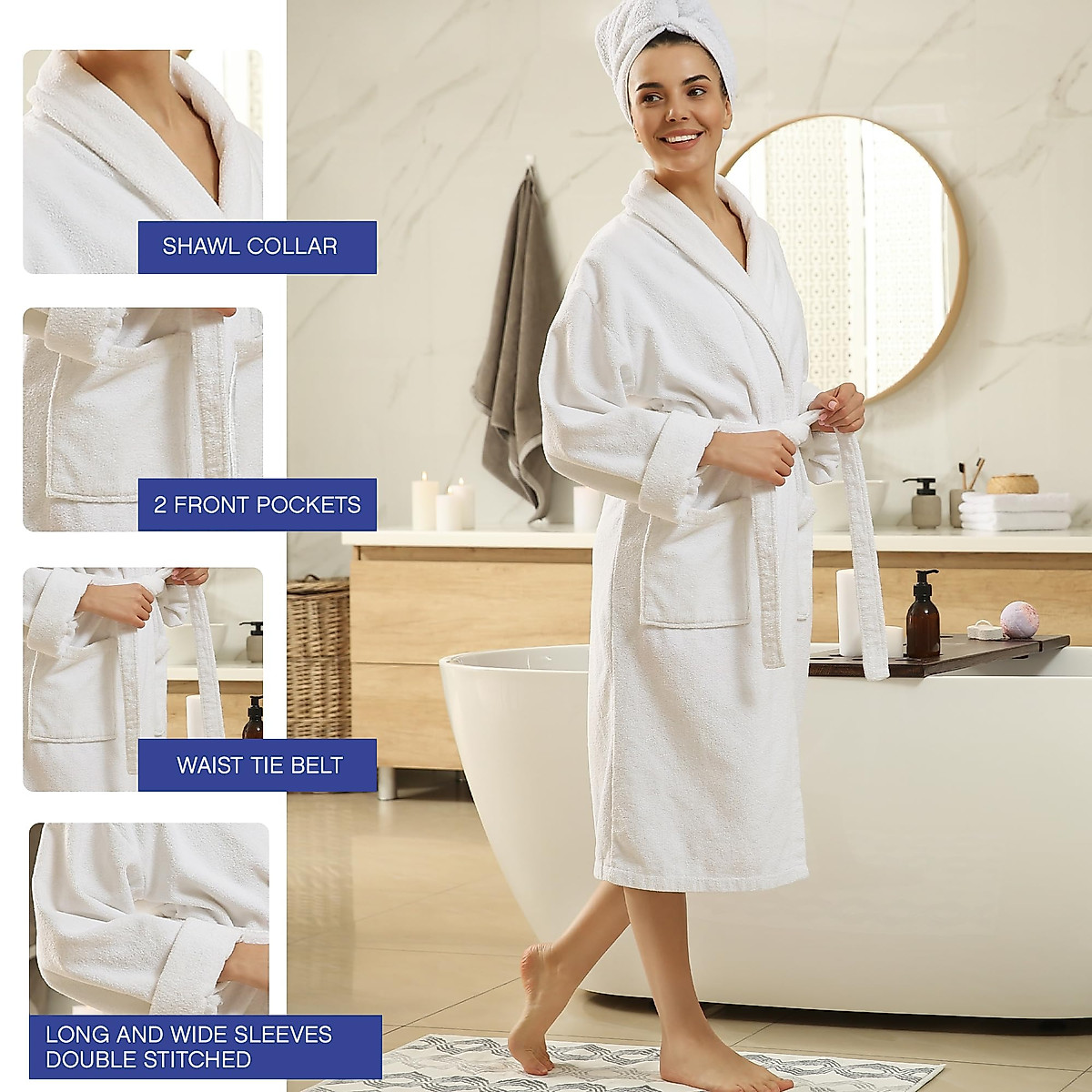 Unisex 100% Cotton Terry Cloth Bathrobe with Kimono Collar – Soft, Lightweight and Absorbent Towel Material – Ideal Robe for Men & Women at Home, Spa, Hotel, Sauna, Pool, Post Bath & Shower - White