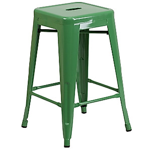 Merrick Lane Newark Series Counter Height Stool - Green Finish - Metal Frame with Cross Bracing - Backless Design - Integrated Footrest