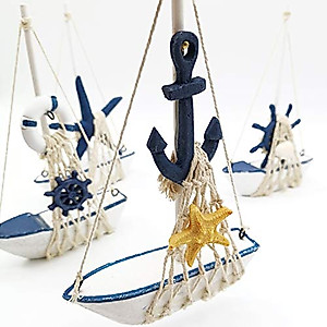 TIHOOD 4PCS Mini Sailboat Model Decoration Wooden Miniature Sailing Boat Home Decor Set, Beach Nautical Design, Navy Blue and White, 4.4 x 6.8 Inch