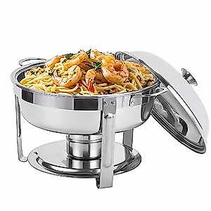 Amhier 5 Qt Chafing Dish Buffet Set with Stainless Steel Lid, Round Chafers and Buffet Warmers Sets with Food and Water Trays for Catering, Parties, Hotels and Weddings, Silver, 1 Pack