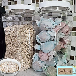 Kelkaa 1 Gallon Clear PET Plastic Square Wide Mouth Jars with Grip Handle and White Ribbed Lined Caps, BPA Free, Multi-Use Containers, Household Dried Food Canisters, Made in the USA (Pack of 2)