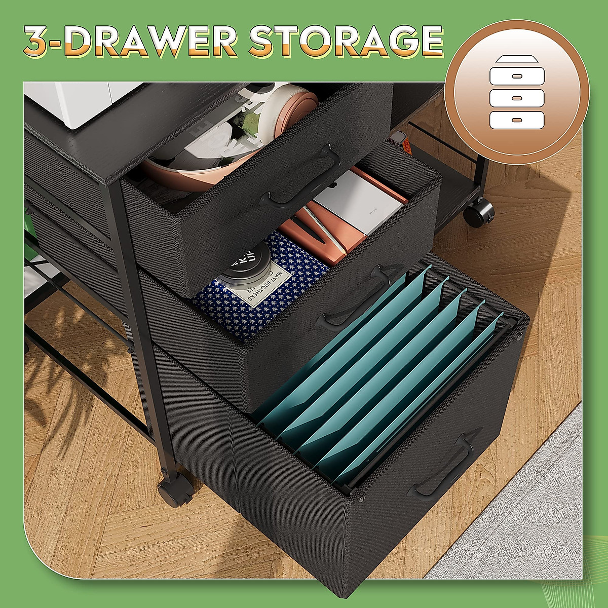 DEVAISE 3 Drawer Mobile File Cabinet, Rolling Printer Stand with Open Storage Shelf, Fabric Lateral Filing Cabinet fits A4 or Letter Size for Home Office, Black