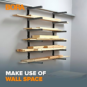 Bora Portamate Wood Organizer and Lumber Storage Metal Rack with 6-Level Wall Mount – Indoor and Outdoor Use, BR-006B, Black