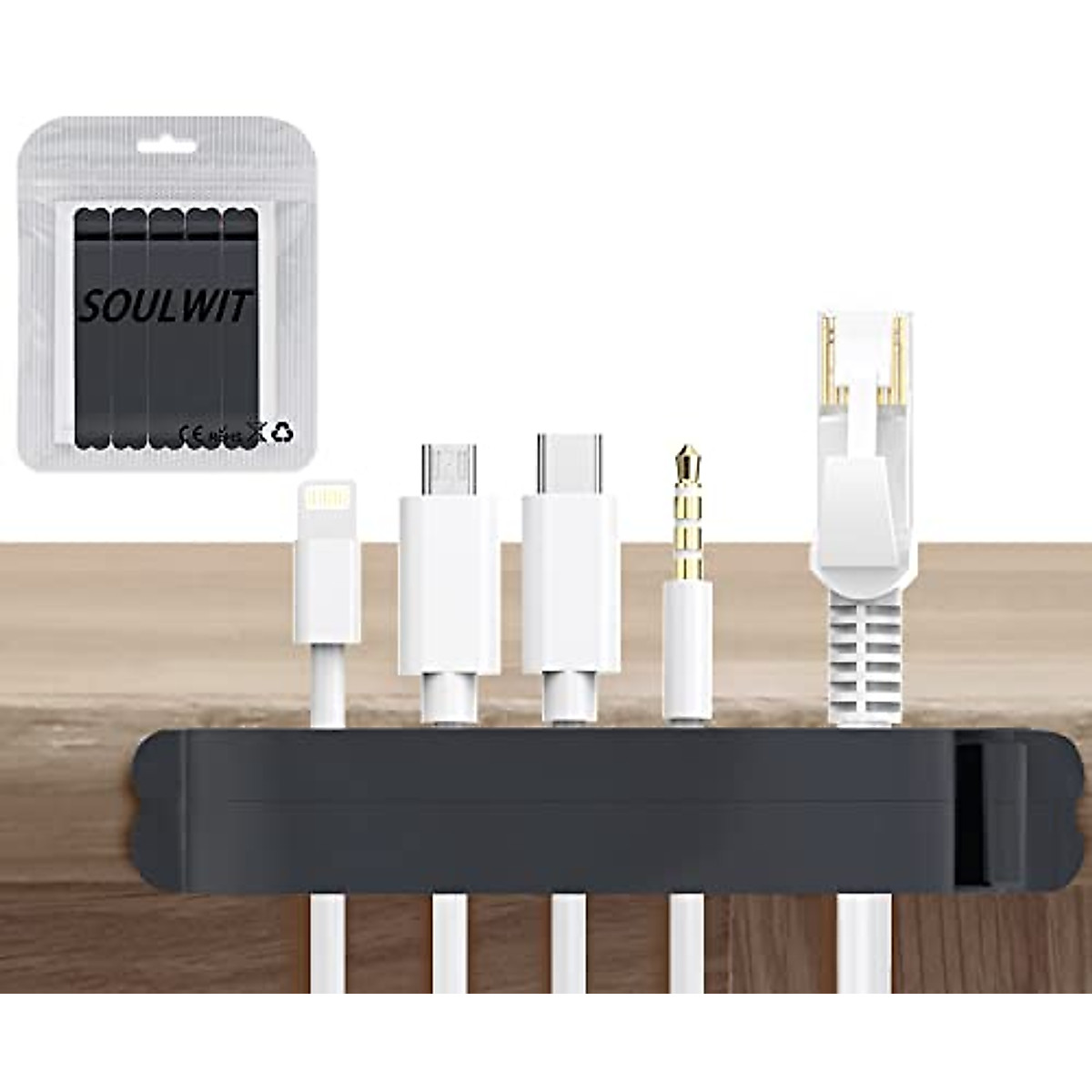 SOULWIT Cable Holder Clips, 5 Pack Self Adhesive Cord Organizer for Home/Office/Desk/Car/Phone/USB Cable Wire Management (for Cables Less Than 5mm) - Black