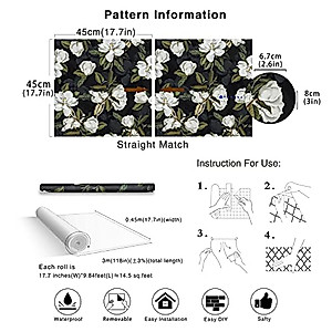 HAOKHOME 93169-1 Peel and Stick Gardenia Floral Wallpaper Removable Black/White/Green Vinyl Self Adhesive Mural 17.7in x 9.8ft