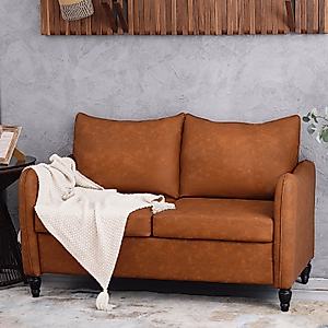 53" Small Loveseat Sofa,Mid Century Modern Love Seat Sofa Couch with PU Leather,2 Seat Small Couches for Small Spaces,Comfy Upholstered Sofa for Living Room,Bedroom,Dorm Office and Apartment(Brown)