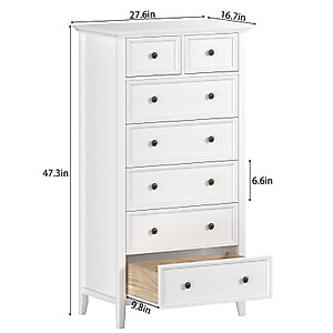 IKENO White 7 Drawer Tall Dresser, Tall Solid Wood Large Storage Cabinet, Modern Simple White Tall Chest of Drawer for Bedroom Living Room Hallway Entryway (White)