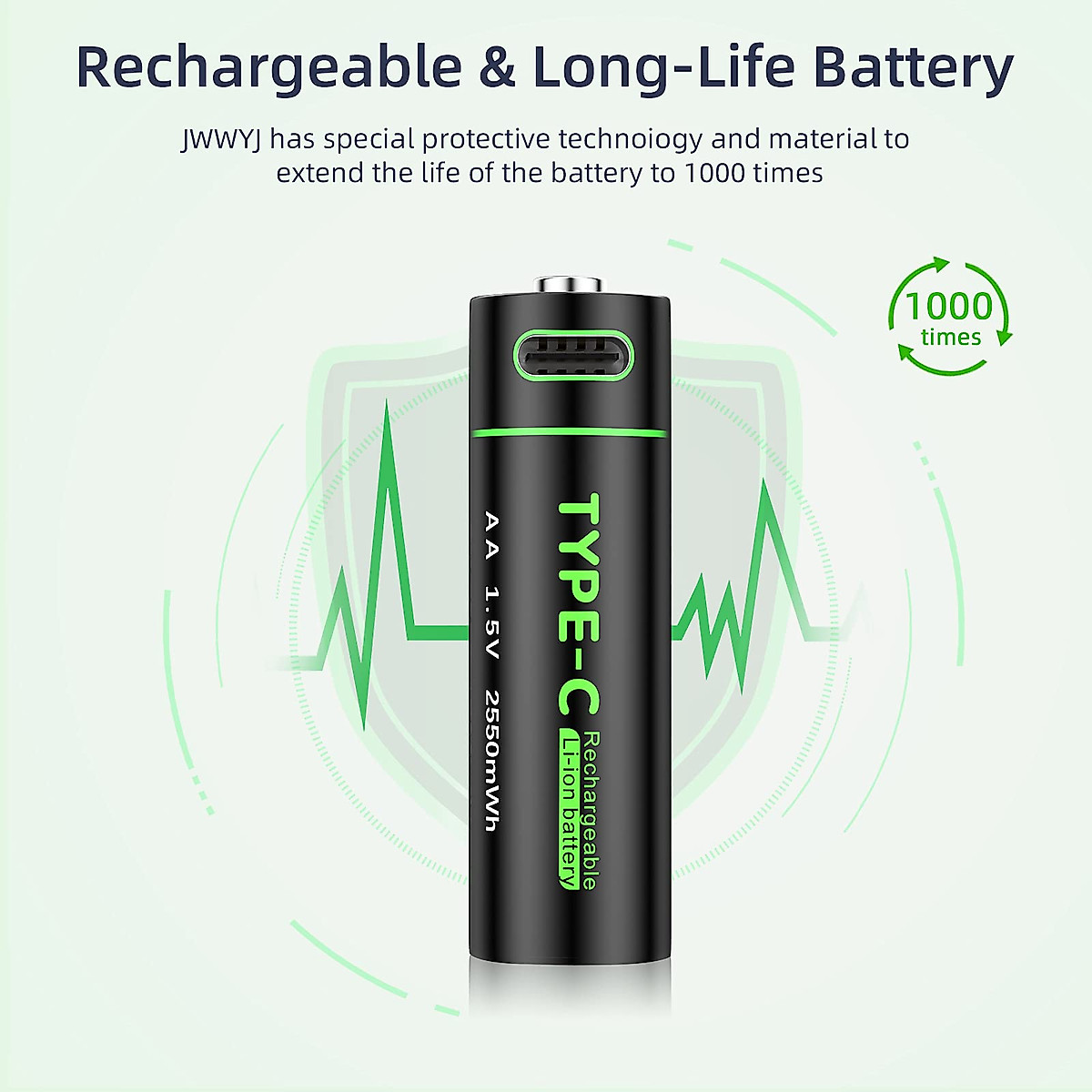 AA Lithium Rechargeable Batteries - 4Pack Smart Rechargeable AA Batteries by JWWYJ,Lithium Ion 1.5v 2550 mWh, Type C Battery Charging Cable, LED Charge Indicator