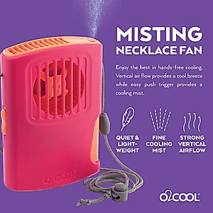 O2COOL Misting Necklace Fan - Portable, Battery Operated with Powerful Vertical Air Flow for Quiet Hands Free Cooling and Personal Travel (Raspberry)