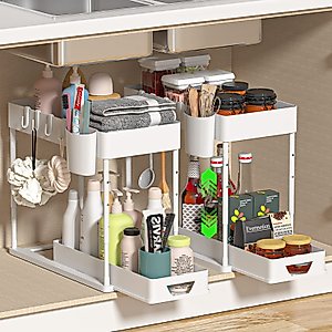 Seasky 2 Pack Adjustable Height Under Sink Organizers and Storage, 2 Tier Sliding Bathroom Organizer, Kitchen Organizer Multipurpose Under Sink Cabinet Storage with 8 Hooks and 2 Hanging Cup