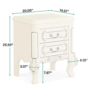 Tribesigns White Nightstand, End Table with 2 Drawers, Carved Bedside Tables, Side Table for Bedroom, Living Room, Classic Bedroom Furniture, Night Stand（1PC