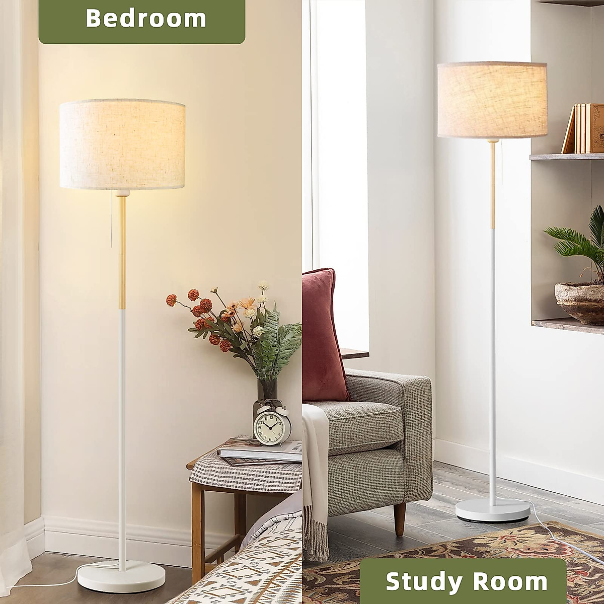 Modern Floor Lamp for Living Room Traditional Farmhouse Floor Lamps Mid-Century Pole Lamp with Linen Lamp Shade, Standing Tall Floor Lamps for Bedrooms and Office (White)