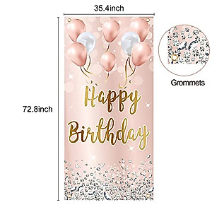 Pink Rose Gold Happy Birthday Door Banner Backdrop Decorations for Women Girls, Happy Birthday Party Door Cover Sign Background Supplies for 16th, 21st, 30th, 40th, 50th, 60th Birthday Décor