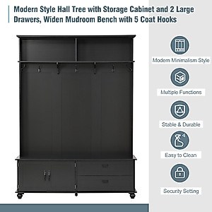 Wide Hall Tree with Storage Bench Coat Rack with Cabinet and 2 Drawers Wooden High Back Mudroom Bench with 5 Hooks for Mudrooms Organization Entryway Living Room, Black