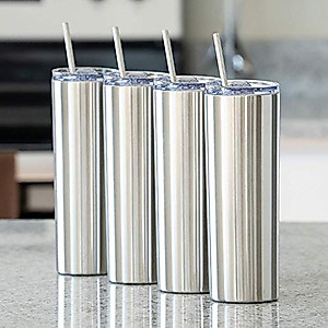 STRATA CUPS Skinny Tumblers with Lids and Straws (4 Pack) - 20 oz Double Wall Insulated Slim Stainless Steel Silver Tumblers with Straw Cleaner | Reusable Travel Mug for Hot and Cold Beverages