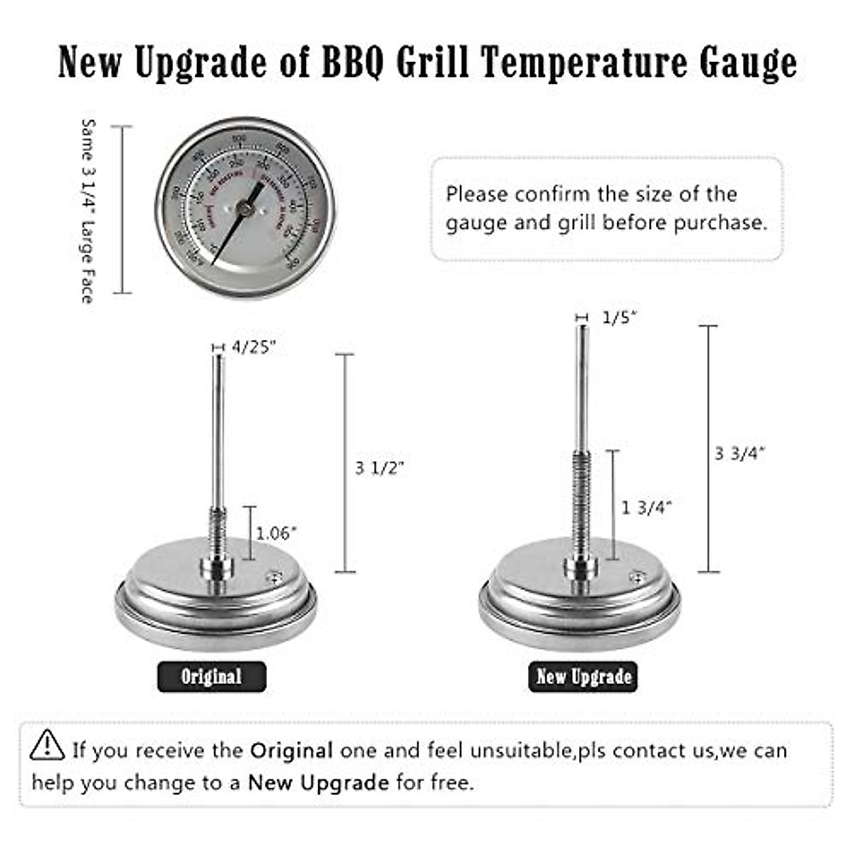 BBQ Grill Temperature Gauge Waterproof Large Face for Kamado Grill Joe Barbecue Charcoal Grill Stainless Steel 150-900°F Cooking Thermometer for Oven Wood Stove Accessories Tool Set Up Easy (White)