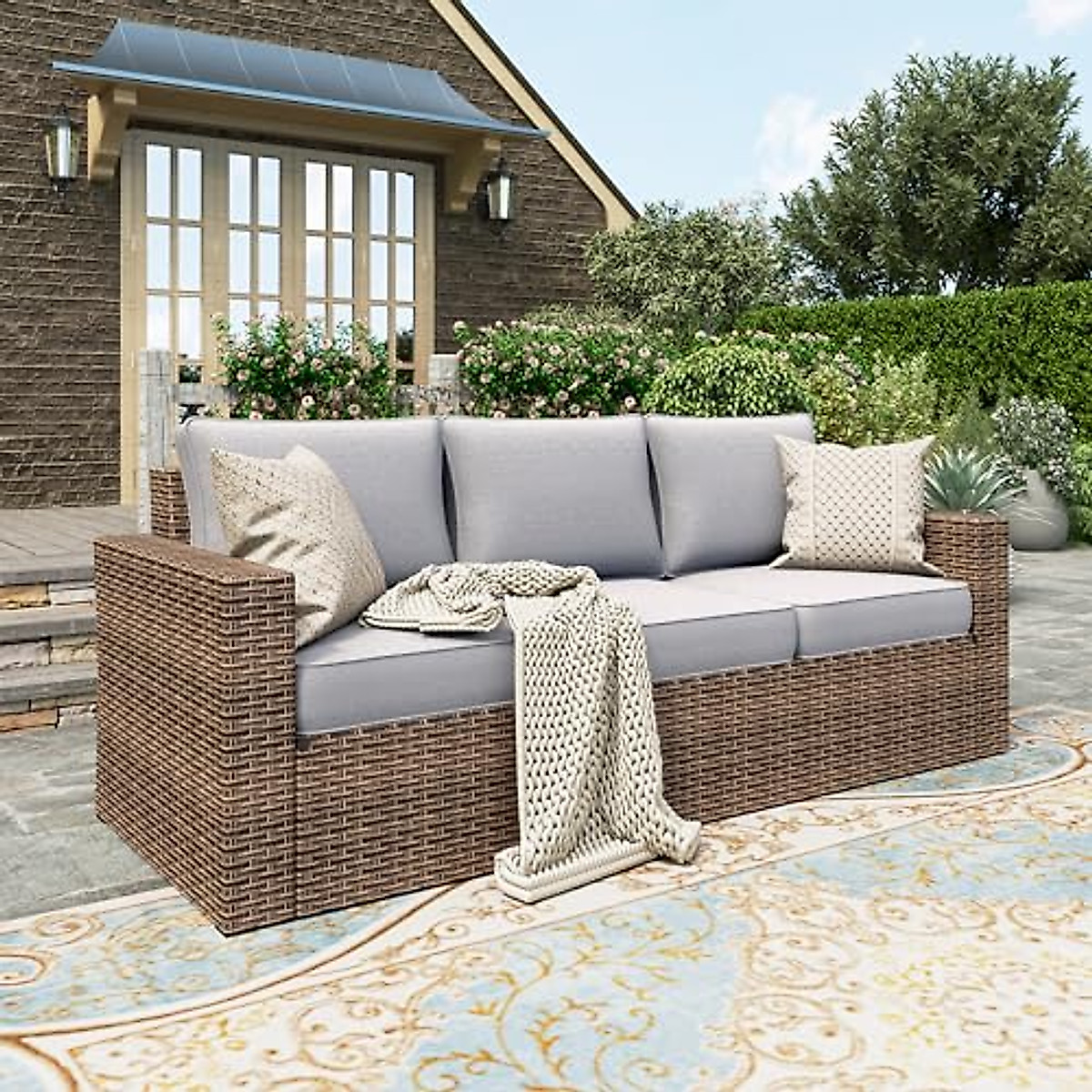 HERA'S HOUSE Wicker Patio Sofa, 3-Seat Heavy Duty Outdoor Couch, Deep Seat High Back with Thick Cushions, All Weather Furniture for Lawn Garden Backyard