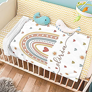 Lcyawer Personalized Baby Blankets with Name for Girls Boys Kids,Custom Boho Style Baby Blanket with Rainbow, Personalized Rainbow and Heart Blanket, Expecting Mom Gift