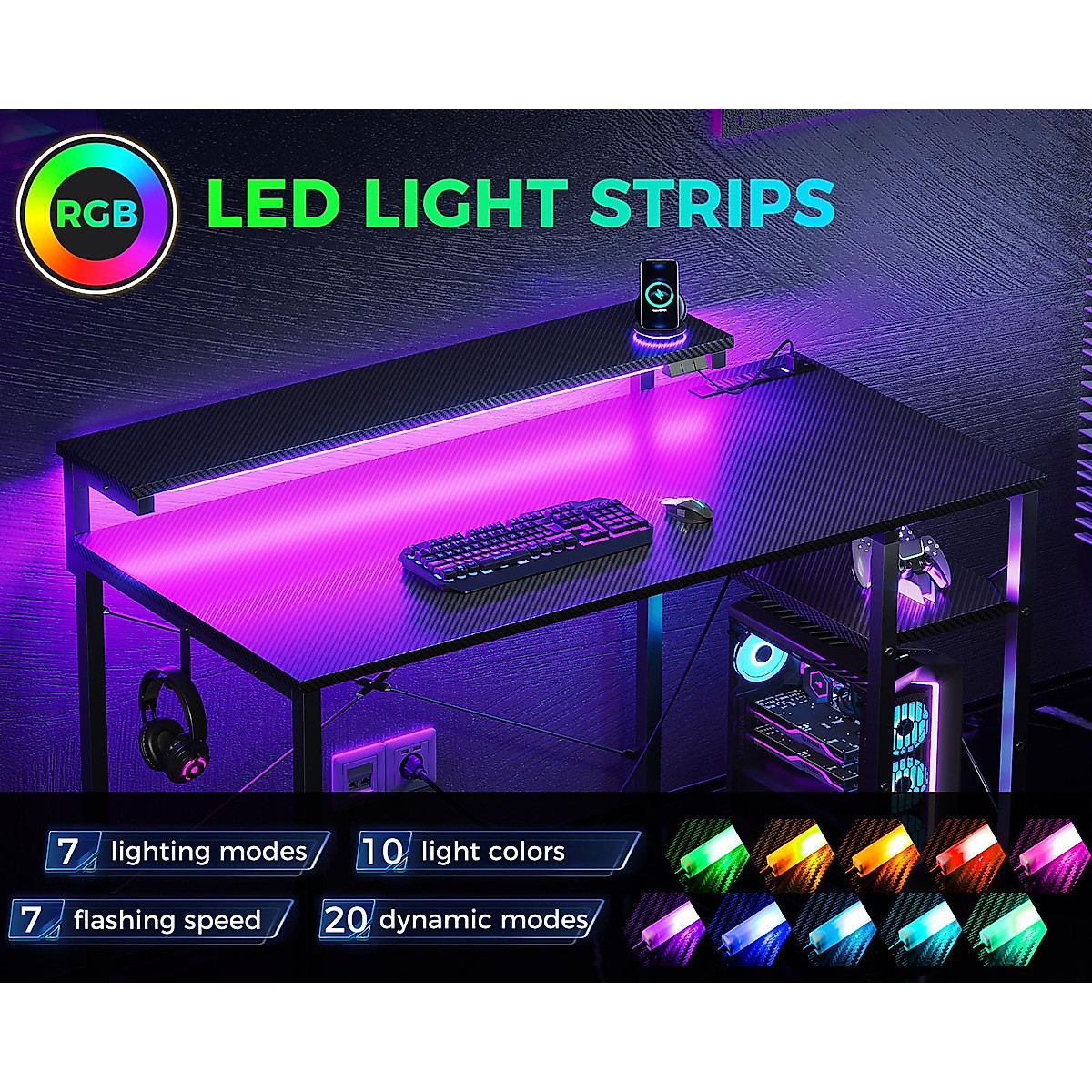 MOTPK Gaming Desk with Led Lights & Power Outlet, 40 Inch Small Gaming Computer Desk with Shelves, Reversible Gamer Desk Table with Adjustable Monitor Stand & Headphone Hook, Carbon Fiber Texture