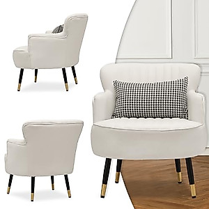 MoNiBloom Accent Chair Modern Armchair Single Sofa Chair with Lumbar Pillow, Mid Century Modern Comfortable Leatheraire Reading Chair for Living Room Bedroom, Metal Legs Back Club Arm Chair, White