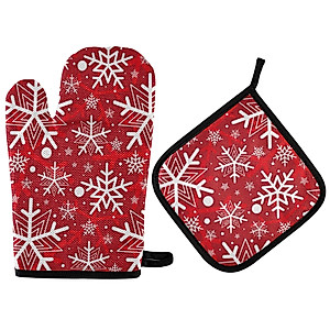 Winter Red Snowflakes Oven Mitts & Pot Holders 2pcs Christmas Xmas Kitchen Heat Resistant Non-Slip Potholders Set for Cooking Baking BBQ