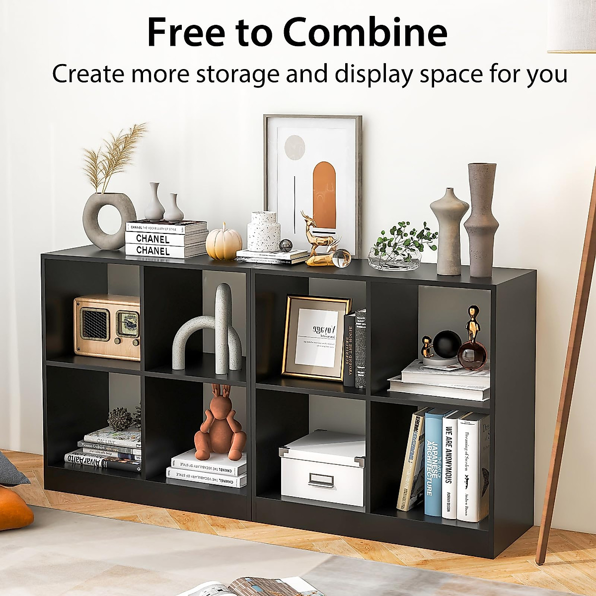 Giantex 4-Cube Bookcase Black - 2-Tier Freestanding Open Bookshelf with Anti-Toppling Device, Wooden Decorative Storage Organizer, Modern Floor Display Shelf for Kid's Room Study Bedroom Living Room