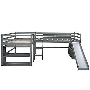 GLORHOME L-Shaped Twin Size Loft Bed, Space Saving Corner Loftbed Frame with Slide, Movable Two-Tier Shelves and Full-Length Guardrail for Kids,Modern Bedroom Furniture, Grey (Low loft Bed)