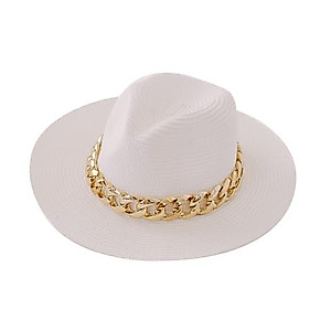 SOLEORO Chic Wide Brim Panama Fedora Straw Sun Hat with Gold Chain for Women Pool Beach Vacation Bachelorette
