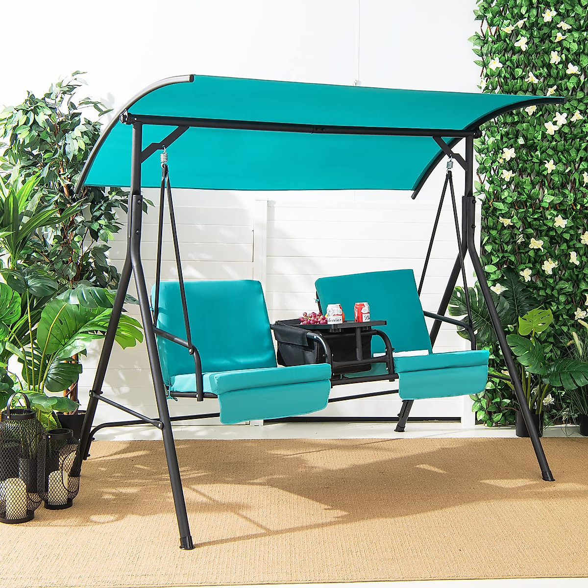Tangkula 2 Person Porch Swing, Outdoor Swing with Pivot Storage Table, Cooler Bag, 2 Cup Holders, Removable Cushions, Patio Swing with Canopy for Backyard Balcony Poolside (Turquoise)