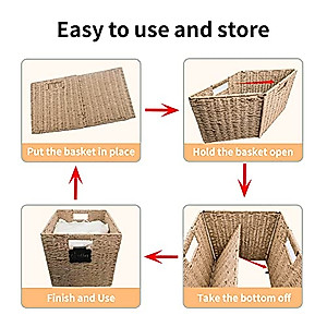 Foldable Wicker Storage Basket，Baskets for Shelves With Labels，3-Pack Pantry Baskets、Wicker Basket、Seagrass Baskets