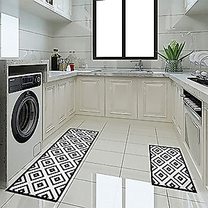 DISAKJ Kitchen Rugs and Mats Non Skid Washable Non-Slip, White and Black Area Kitchen Floor Mats Rug , Backing Mat for Doorway Mats Runner Rug Set, Geometric Design (20 x 63+20 x 31inch)