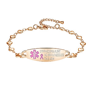 LinnaLove Heart Medical alert bracelet for Women Fashion Medical ID bracelets with Free engraving（Rose gold-NO BP/IV/NEEDLES THIS ARM ）