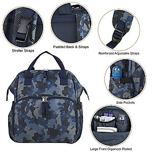 Wide Open Frame Diaper Bag Backpack and Nappy Travel Bag Tote with Changing Pad, Stroller Straps (Blue Camo)