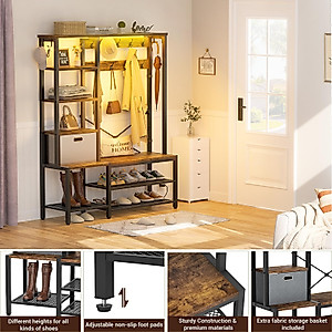 Aheaplus Hall Tree with Storage Bench, Coat Rack with LED Lights, 5-Tier Shelves, Fabric Storage Basket, Side Hooks, 71’’ Industrial 5 in 1 Large Organizer, Sturdy Metal Frame, Rustic Brown