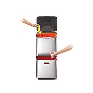 Joseph Joseph Totem Max 60 Liter Waste Separation and Recycling Kitchen Trash Can with Odor Filter and Removable Food Waste Caddy, Stainless Steel
