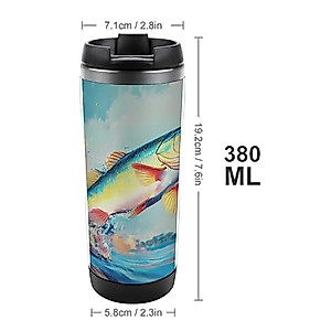 Bass Fishing Art Travel Coffee Mug Reusable Insulated Drinking Cup with Lid for Home Outdoor Works 13 Oz