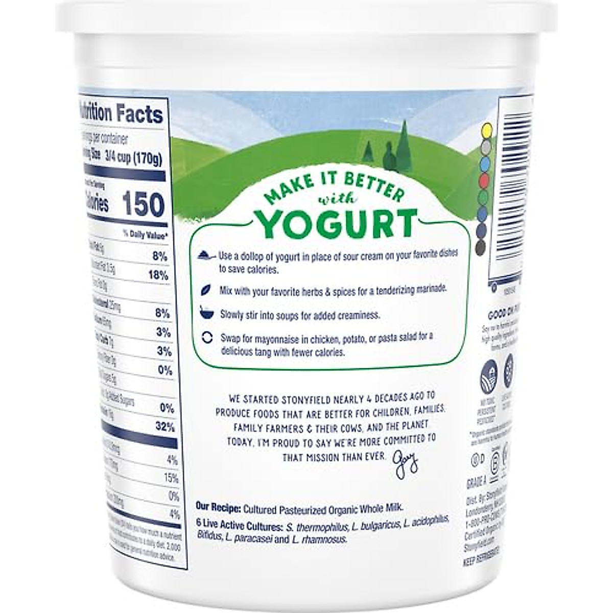 Stonyfield Organic Greek Whole Milk Yogurt, Plain, High in Protein (16g), Multiserving Snack & Cooking Substitute, 30 Oz